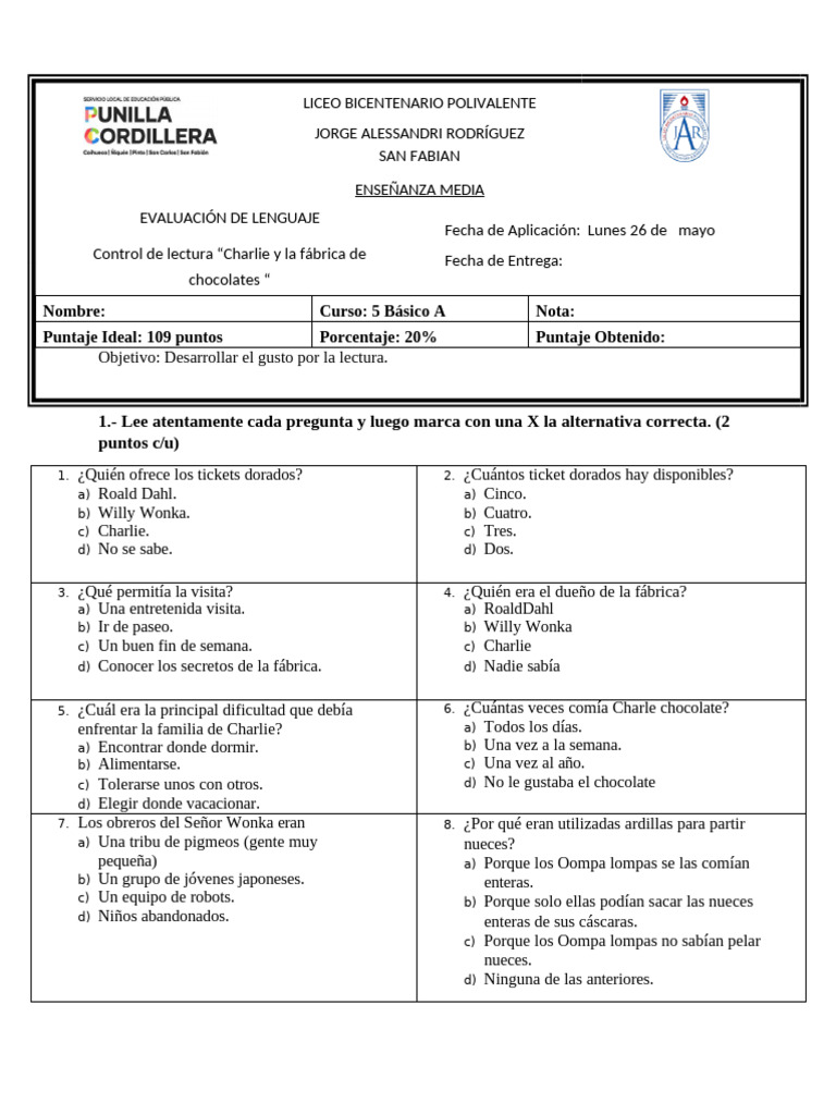 Control de Lectura Charlie y La Fabrica de Chocolates 5 A | PDF