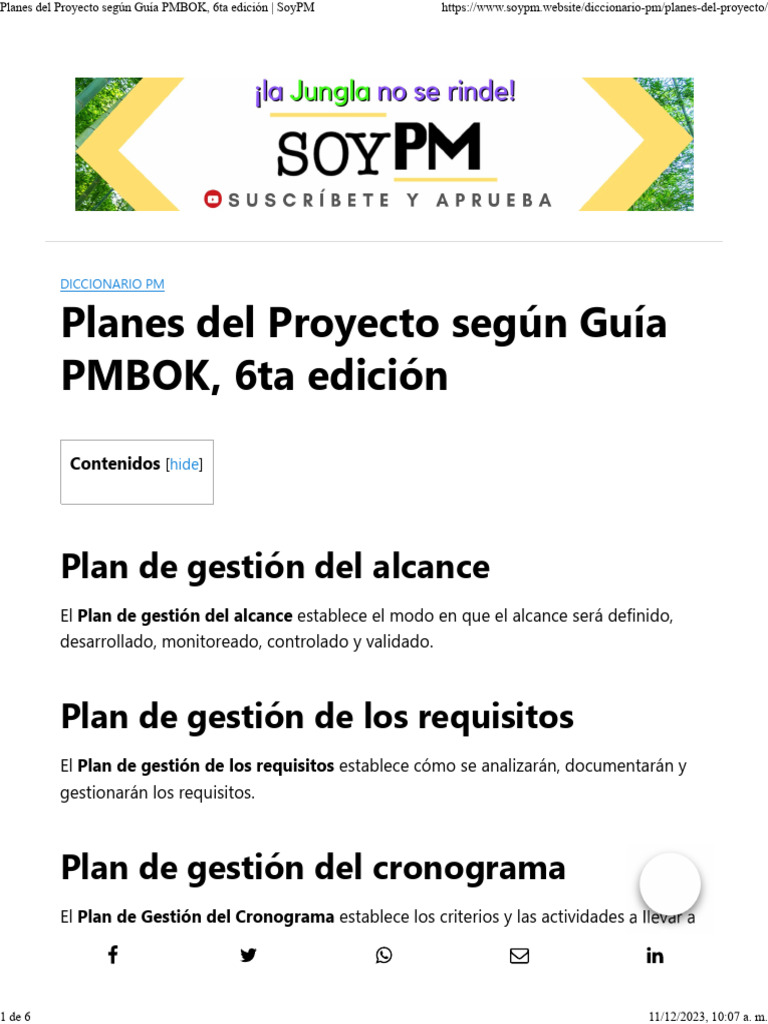 Planes Del Proyecto Según Guía PMBOK, 6ta Edición - SoyPM | PDF | Gestión de proyectos | Informática