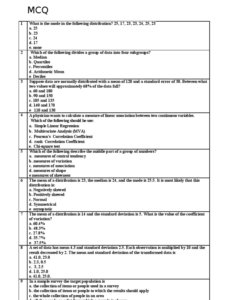 Biostatistics MCQ | PDF | Correlation And Dependence | Mean