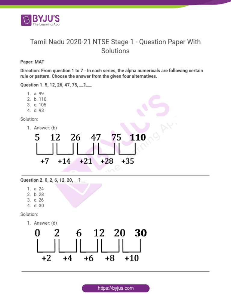 Tamil Nadu 2020 21 NTSE Stage 1 Answer Key Question Paper With Solutions | PDF