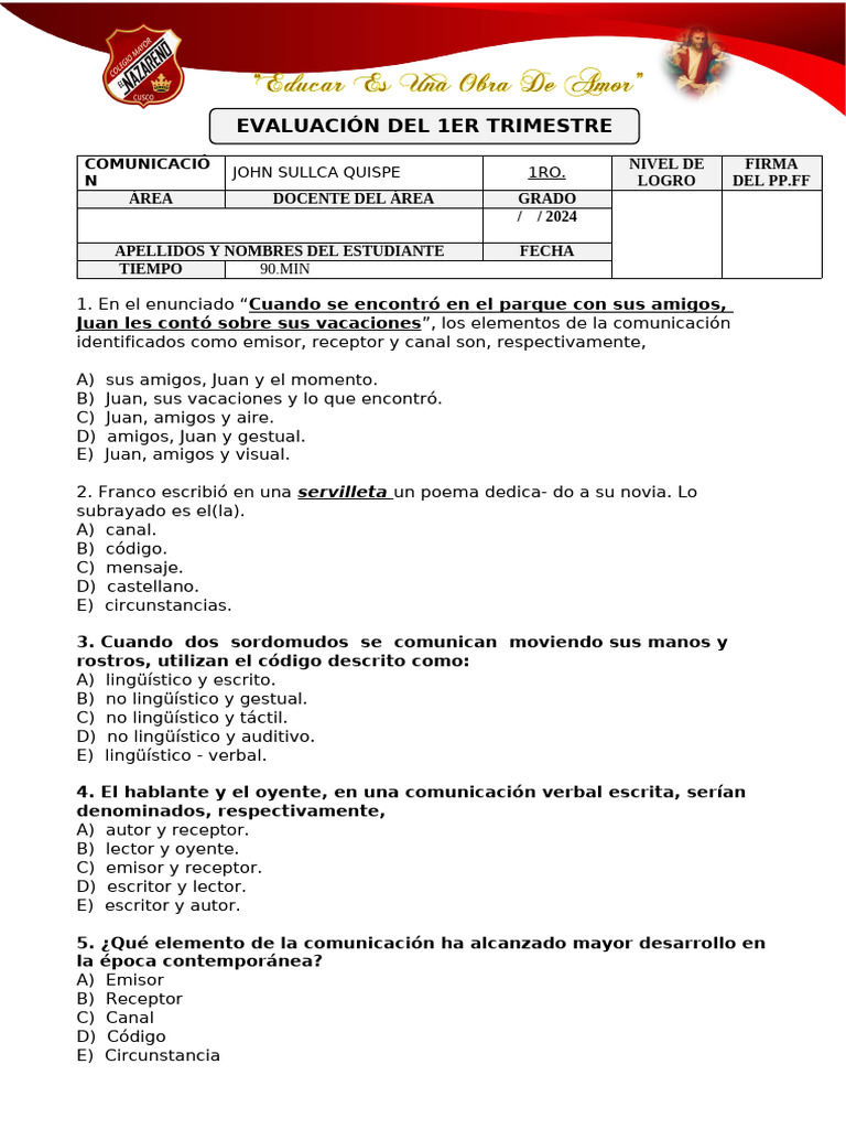 1er - Examen Comu Nazareno | PDF | Comunicación | Comunicación humana