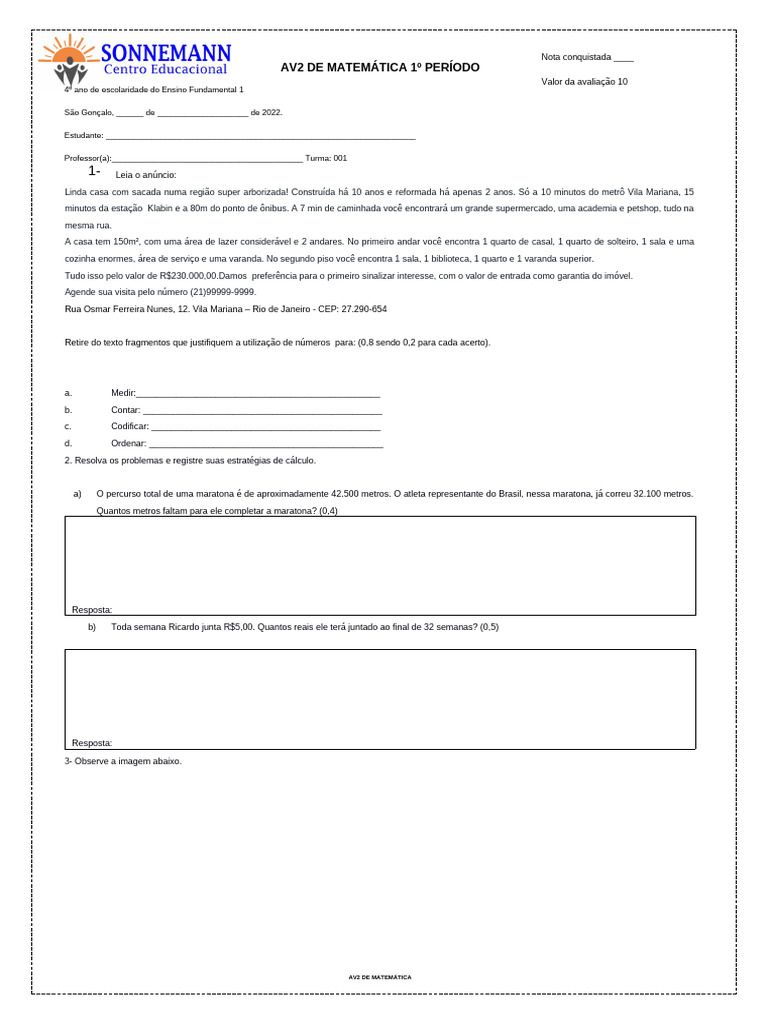 4.ano - Av2 Matemática.1.periodo | PDF