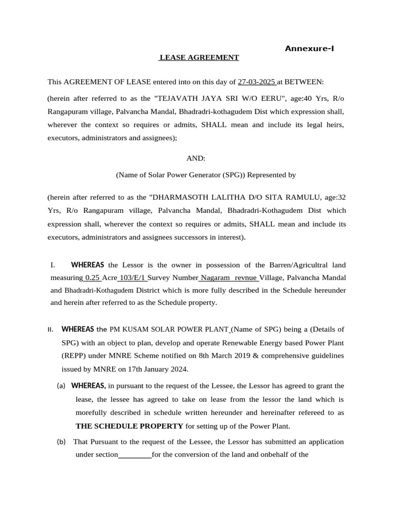 Model Lease Agreement KUSUM Component A | PDF | Lease | Renting