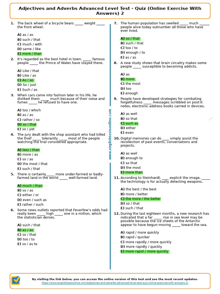 Advanced Adjectives and Adverbs Quiz | PDF