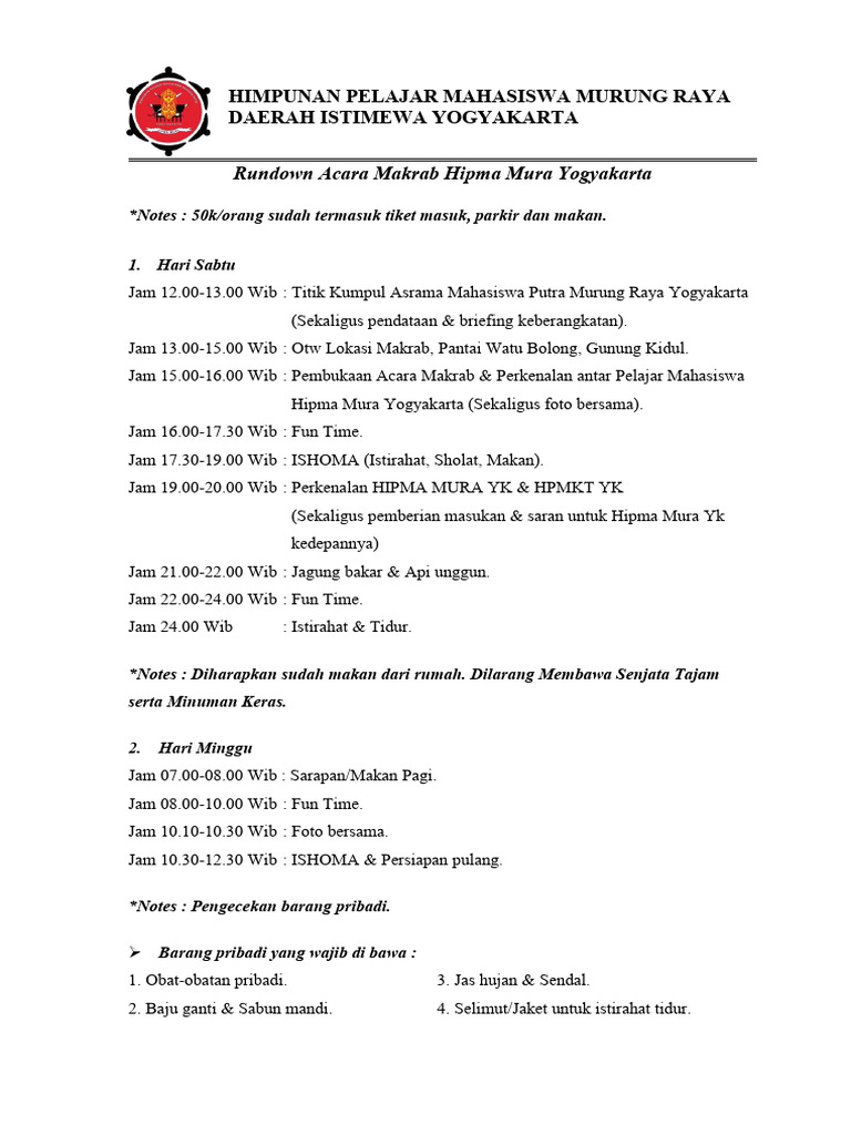 Rundown Acara Makrab Hipma Mura Yogyakarta-1 | PDF