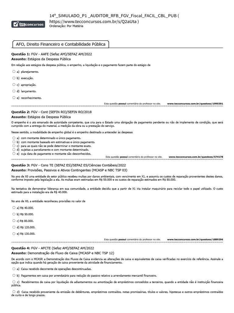 14º - SIMULADO - P1 - AUDITOR - RFB - FGV - Fiscal - FACIL - CBL - PUB | PDF | Fluxo de caixa ...