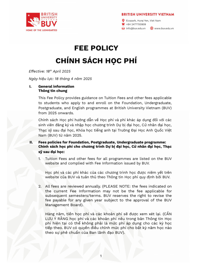 Fee Policy 2025 | PDF