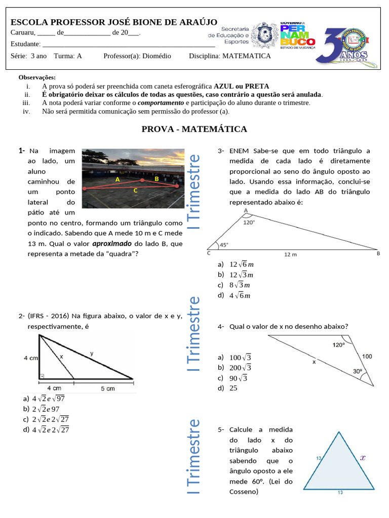 Prova 3 Ano I Trimestre - Matematica | PDF | Triângulo | Juros