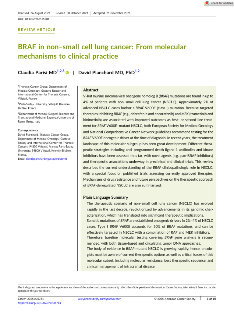 Cancer - 2025 - Parisi - BRAF in Non Small Cell Lung Cancer From Molecular Mechanisms To ...