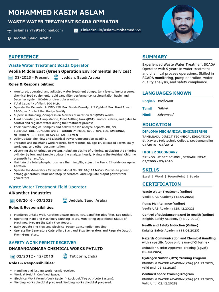 Aslam CV Waste Water Treatment Field and Scada Operator 1742470998 | PDF | Sewage Treatment
