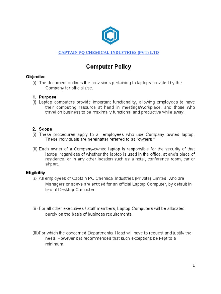 Laptop Policy for Captain PQ Chemical | PDF | Laptop | Employment
