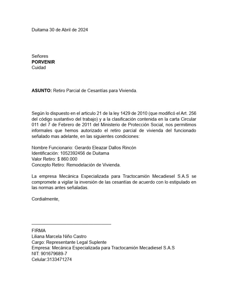 Carta Cesantias | PDF