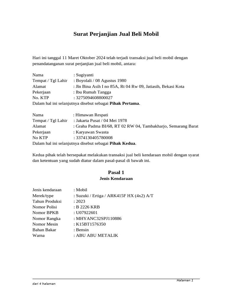 Surat Perjanjian Jual Beli Mobil Himawan | PDF