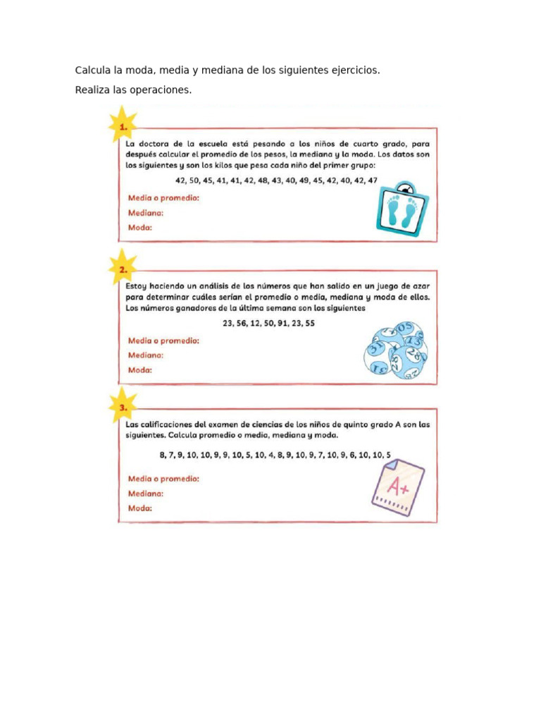 Calcula La Moda, Media y Mediana de Los Siguientes Ejercicios. Realiza ...