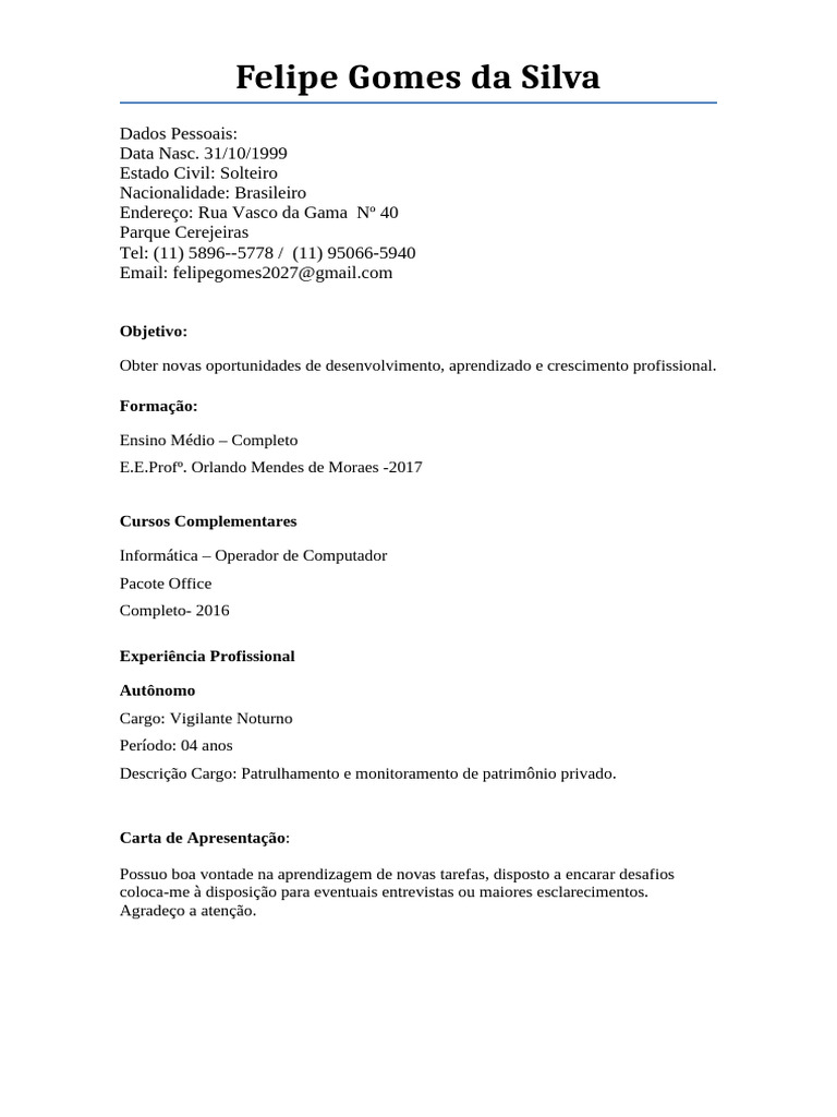 Felipe Gomes Da Silva Curriculo | PDF