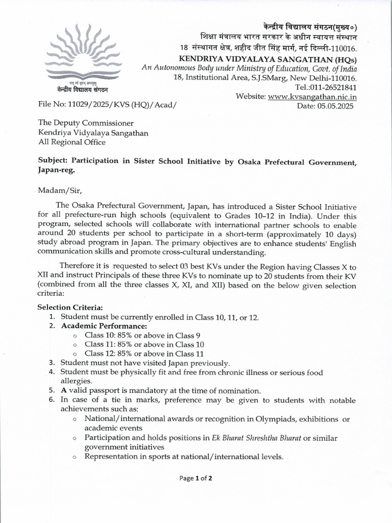 KVS Student Nominations for Osaka Trip | PDF