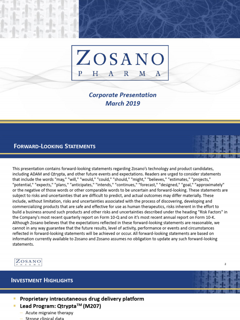 Zosano Corporate Presentation March 2019 | PDF | Risk | Migraine