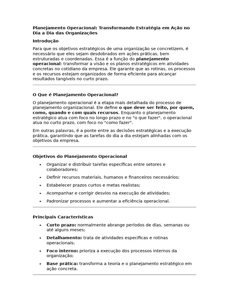 Planejamento Operacional | PDF | Planejamento | Economias