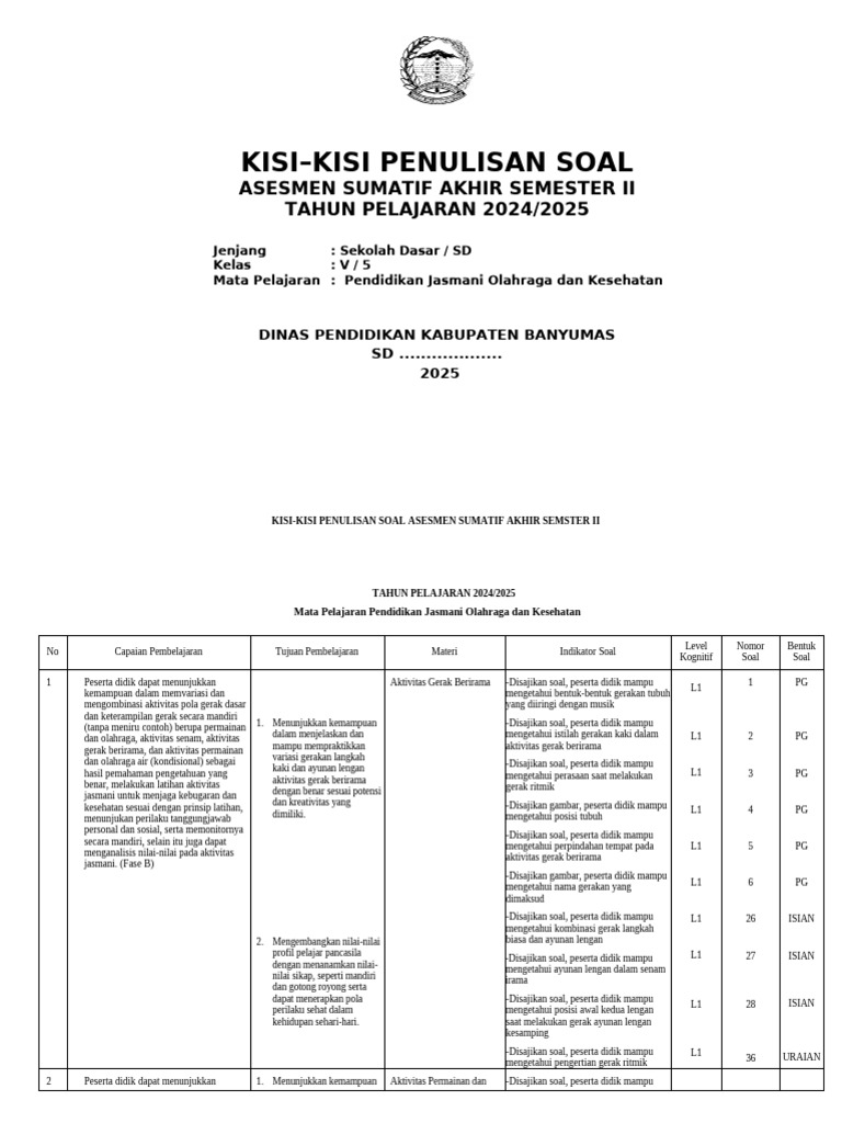 Kisi-kisi Asas II Pjok Kelas 5 | PDF