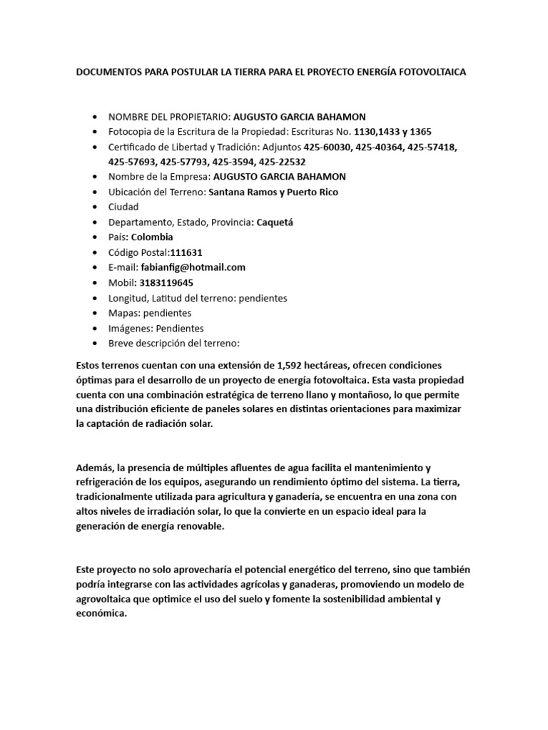 Documentos para Postular La Tierra para El Proyecto Energía ...