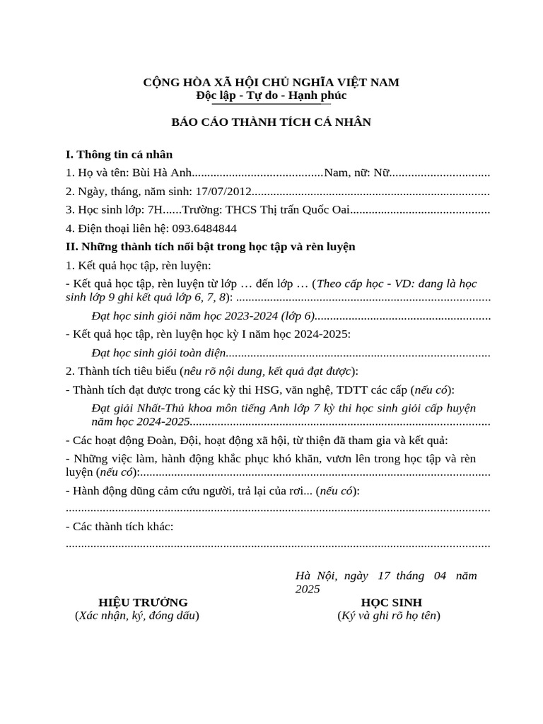 BUI HA ANH-Bao Cao Thanh Tich Ca Nhan | PDF