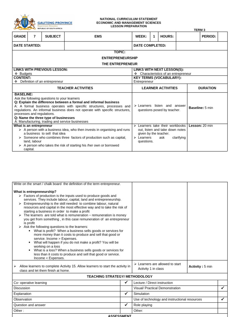Grade 7 EMS: Entrepreneurship Lesson Plan | PDF | Entrepreneurship ...