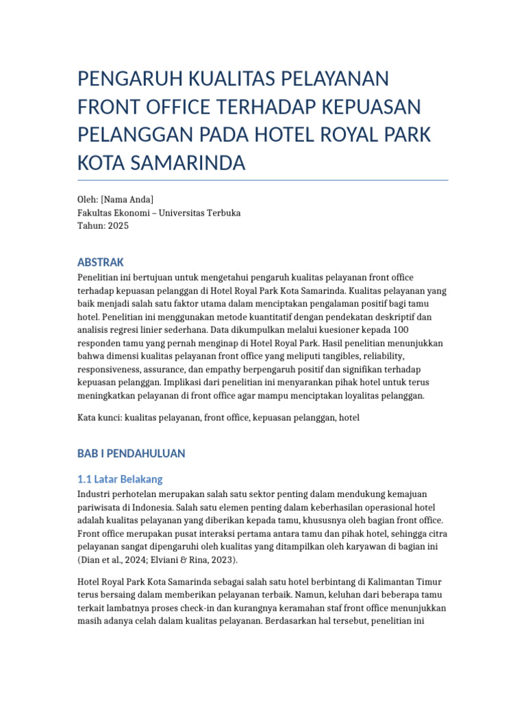 Karya Ilmiah Pelayanan Front Office | PDF