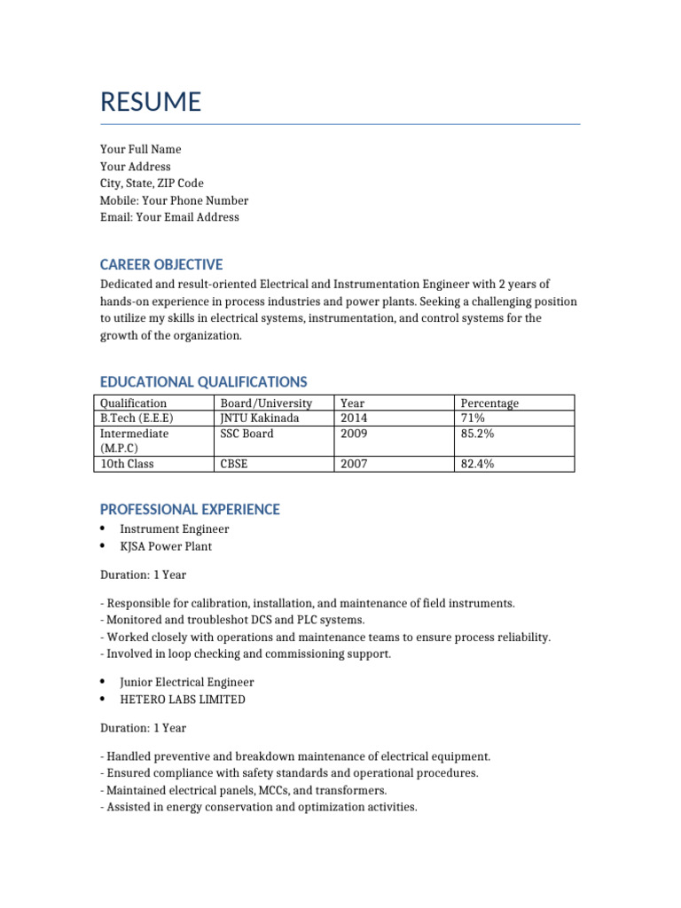 Electrical Instrumentation Engineer Resume | PDF