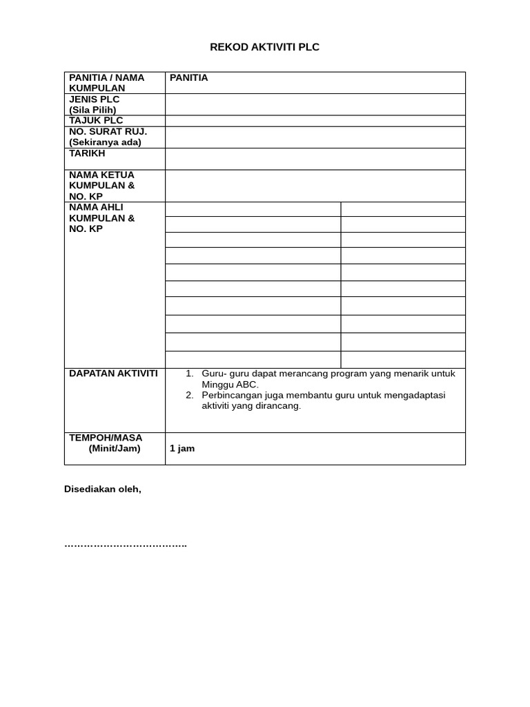 Rekod Aktiviti PLC Fail Panitia | PDF