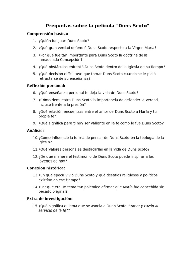 Preguntas sobre la película Duns Scoto | PDF