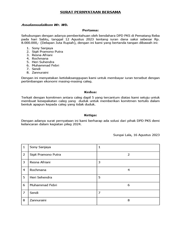 Surat Pernyataan Bersama (Caleg Dapil 5) | PDF
