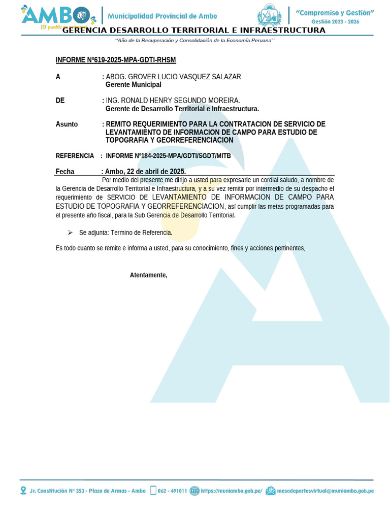 Informe Nº619-2025-Gdti-Mpa-Requerimiento Topografia | PDF