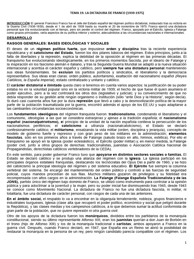Repaso Tema 19 La Dictadura de Franco | PDF | España franquista | Francisco franco