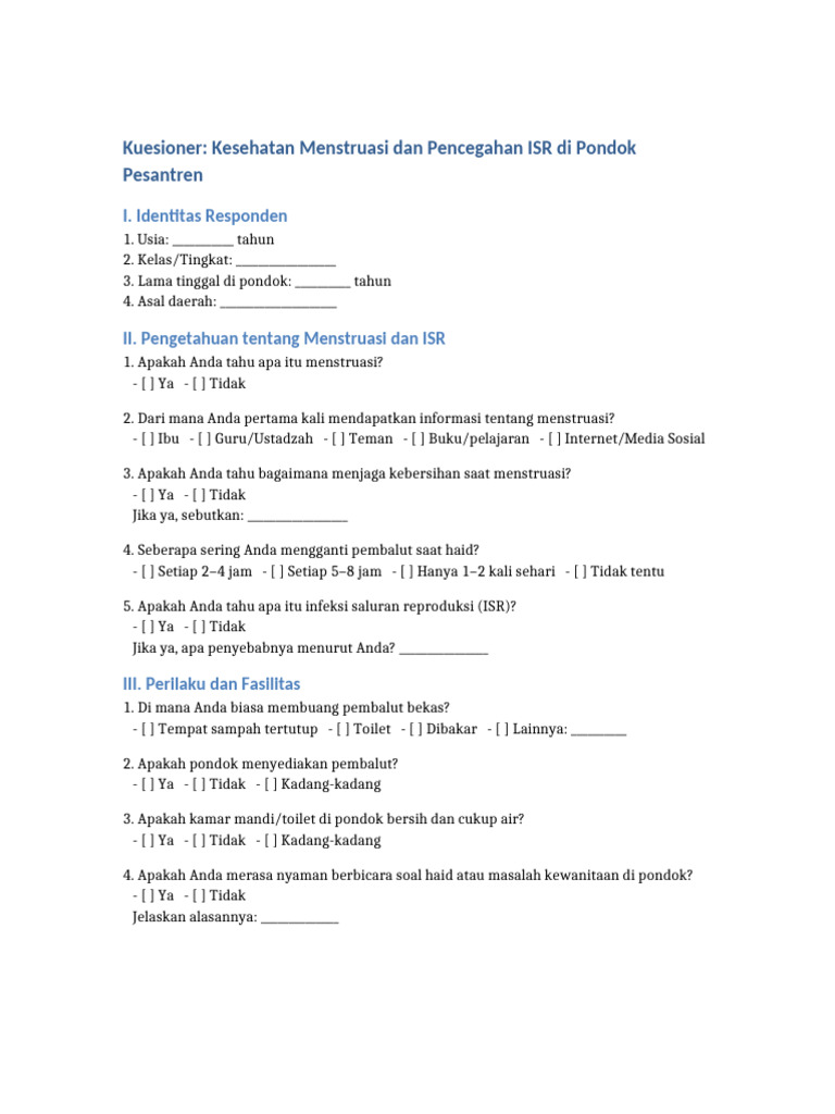Kuesioner Menstruasi ISR | PDF