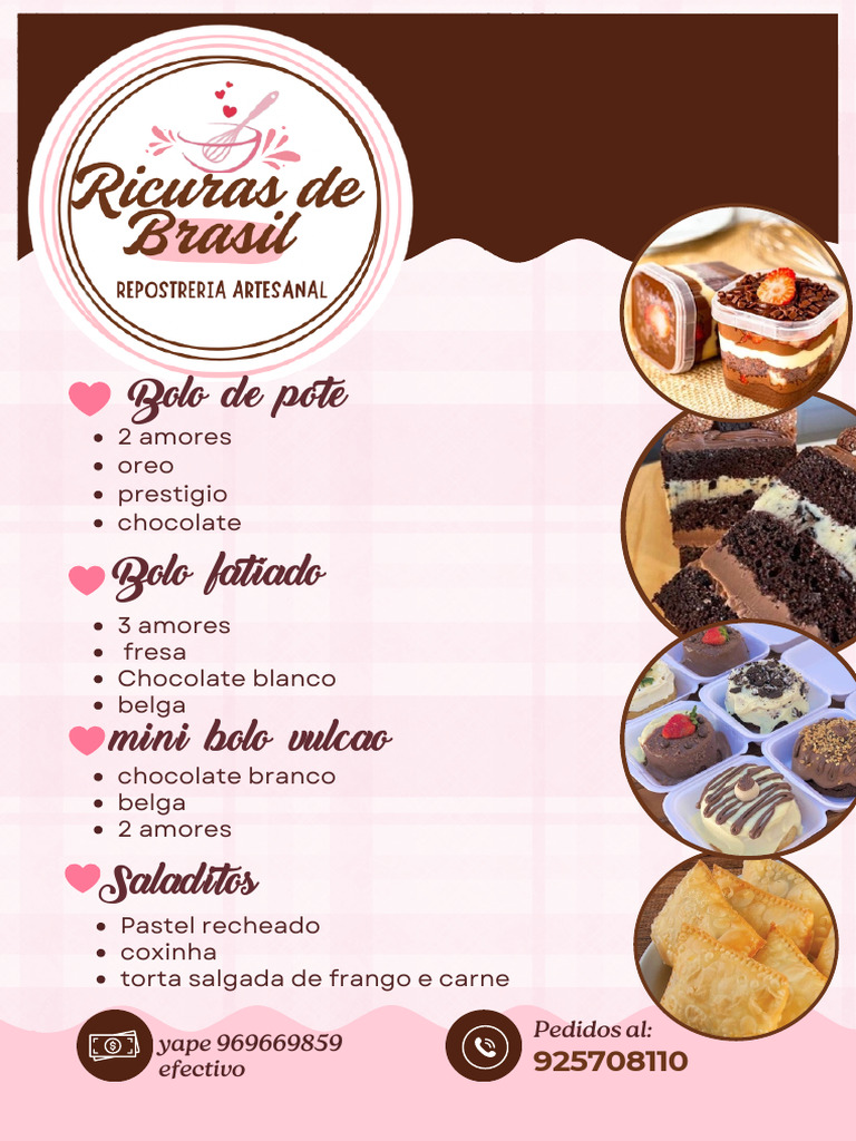 Cardápio de Bolos Confeitaria Moderno Rosa Marrom Menu | PDF