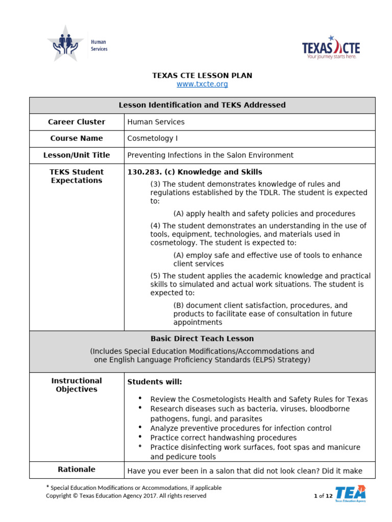Lesson Plan Preventing Infections in The Salon Environment - 0 | PDF ...