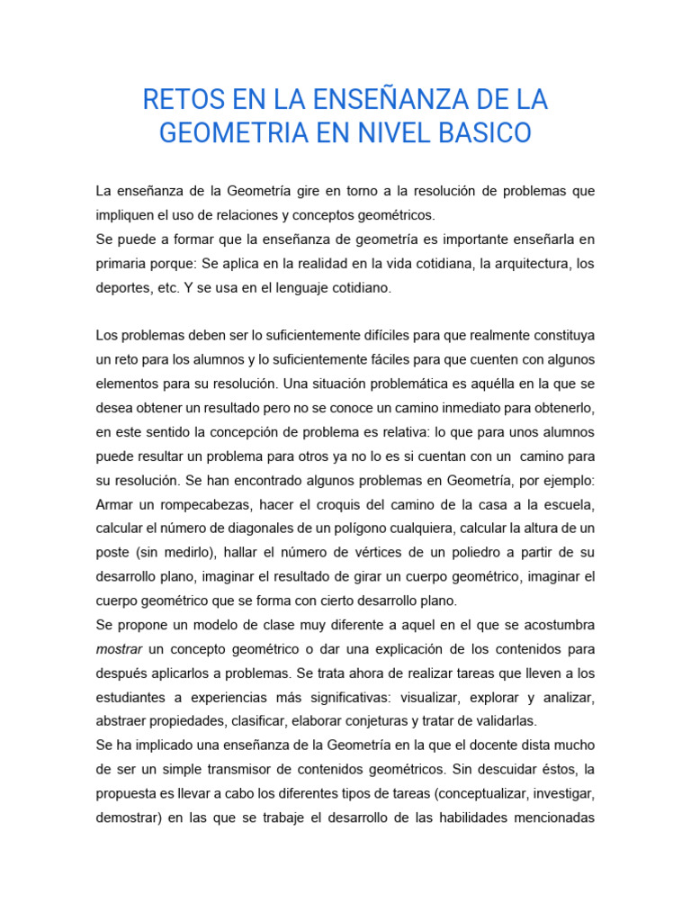RETOS EN LA ENSEÑANZA DE LA GEOMETRIA EN NIVEL BASICO | PDF | Geometría | Enseñando