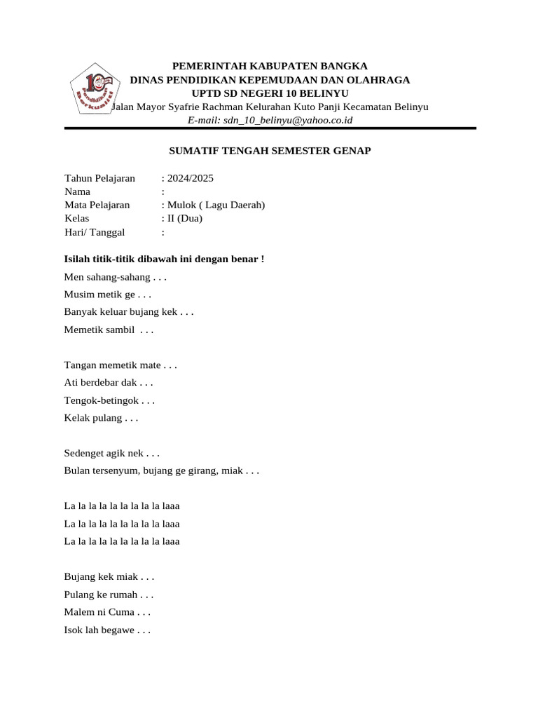 Soal Ulangan STS Mulok (Lagu Daerah) | PDF