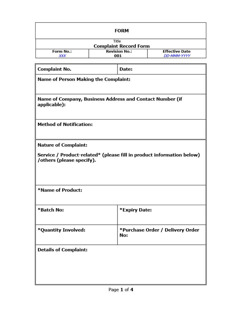 Sample Complaint Record Form1 | PDF