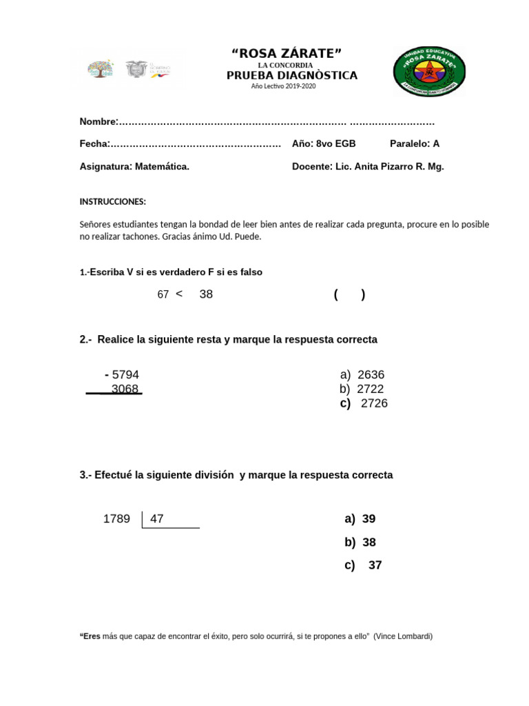 Prueba Diagnóstica de Matemática 8vo EGB | PDF