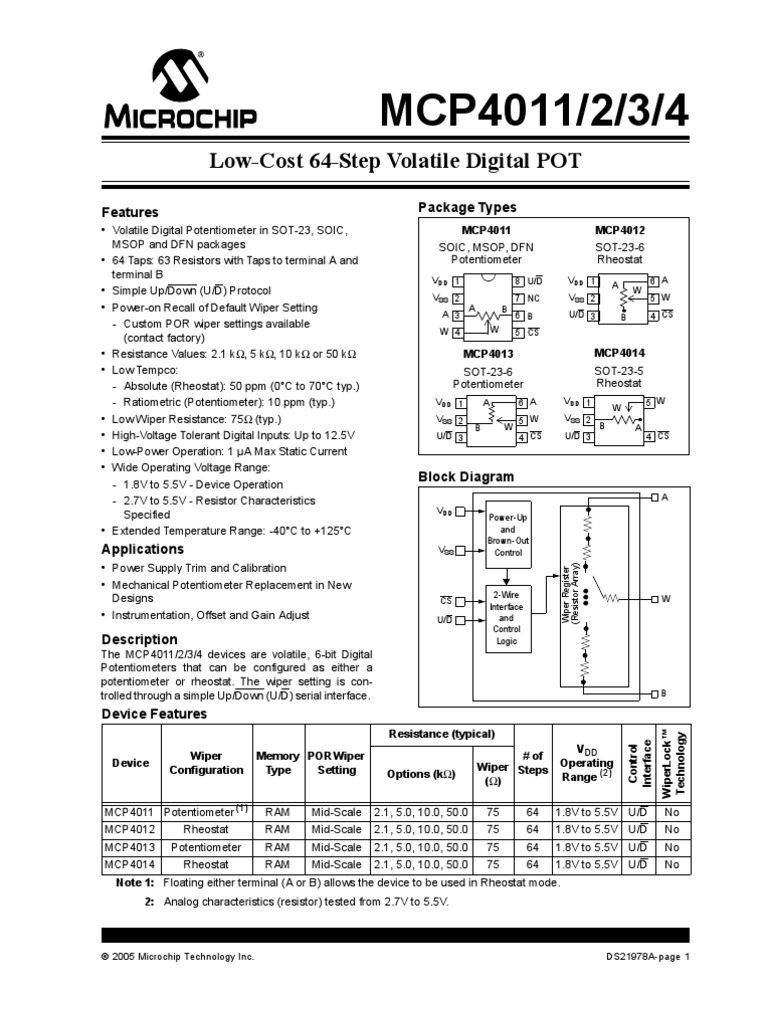 MCP4011 Digital Pot | PDF | Resistor | Electrical Components