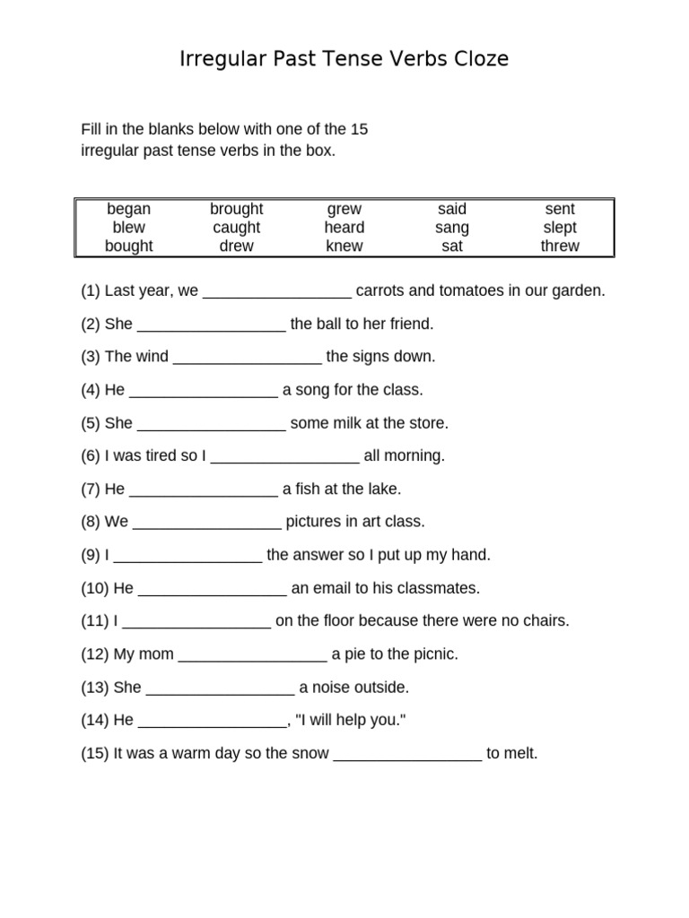 Irregular Past Tense Verbs Cloze 2 | PDF