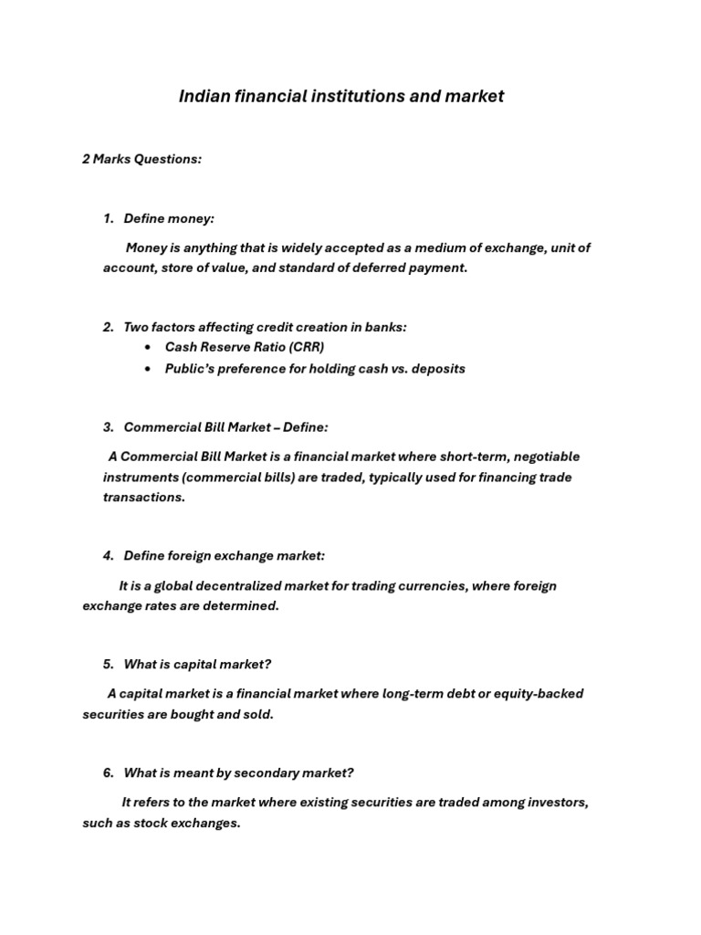 Indian Financial Institutions and Market 1 | PDF | Money Supply | Money