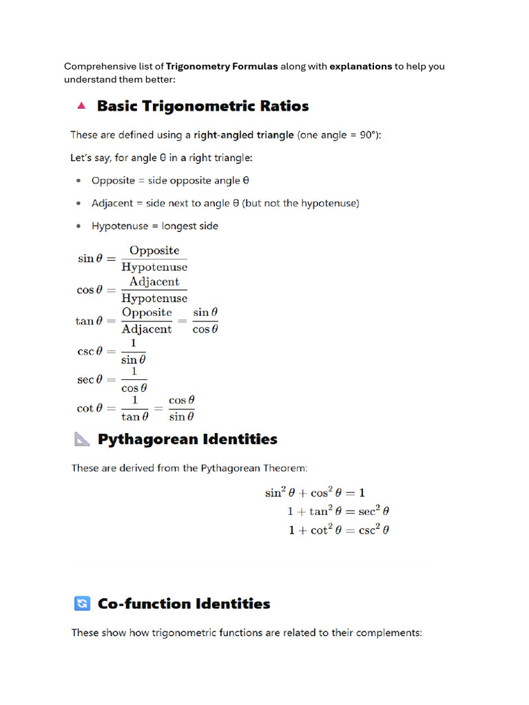 Comprehensive List of Trigonometry Formulas Along With Explanations | PDF