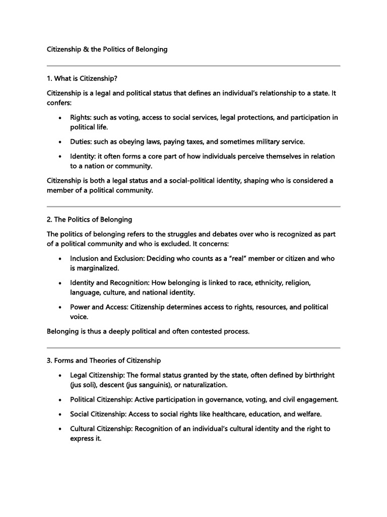Understanding Citizenship and Belonging | PDF | Citizenship | Social ...