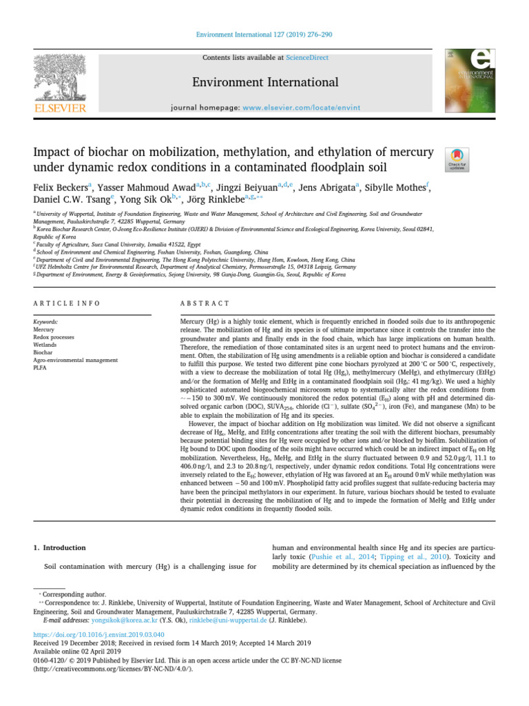 Impact of Biochar On Mobilization, Methylation, and Ethylation of Mercury Under Dynamic Redox ...