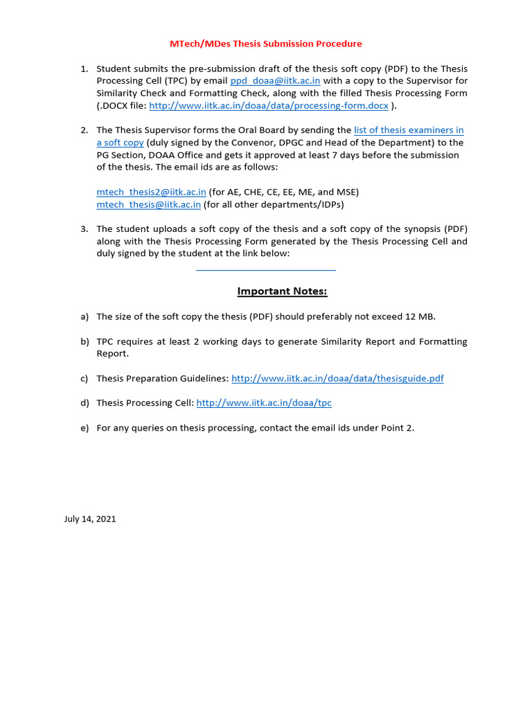 Procedure For MTech, MDes Thesis Submission-1 | PDF