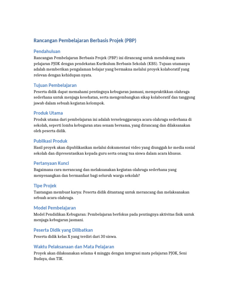 Rancangan Pembelajaran Berbasis Projek PJOK | PDF