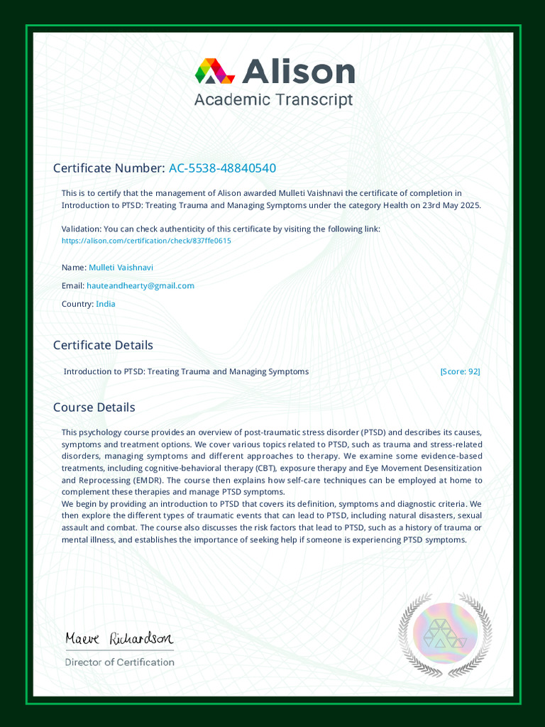 Alison Certificate Transcript Introduction To PTSD: Treating Trauma and ...