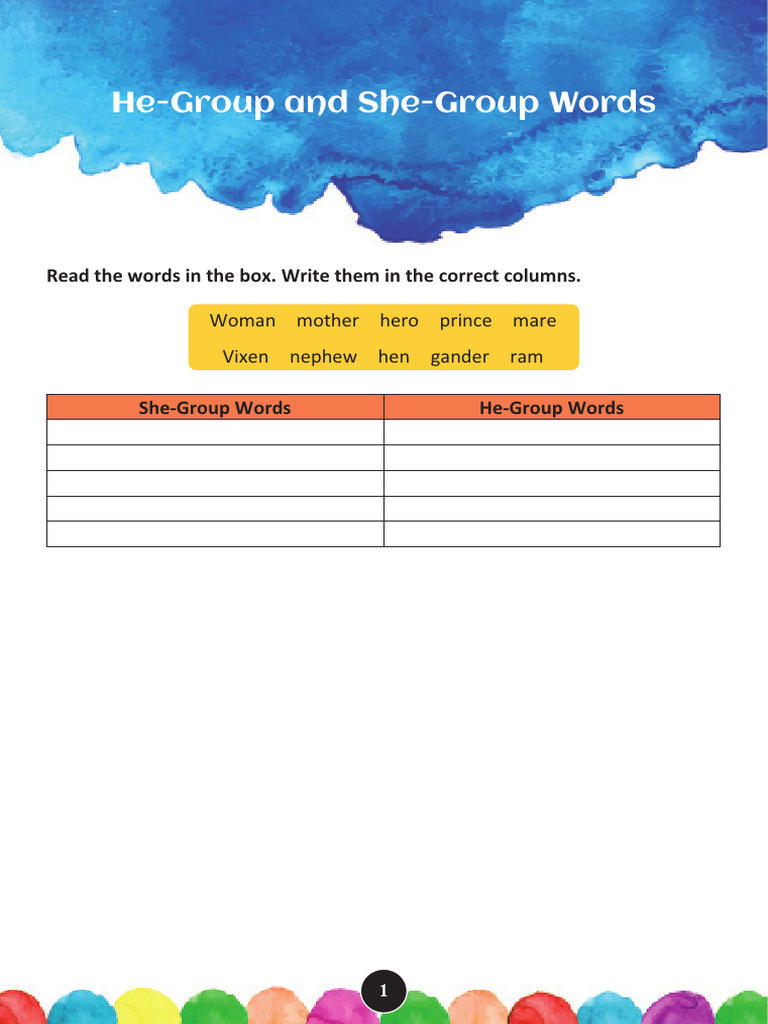 He and She Group Worksheet for Class 2 | PDF